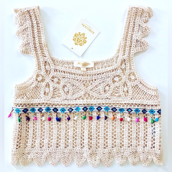 Rebellion | Tops | Rebelion Crop Beige Crochet Boho Beaded Braid Trim ...
